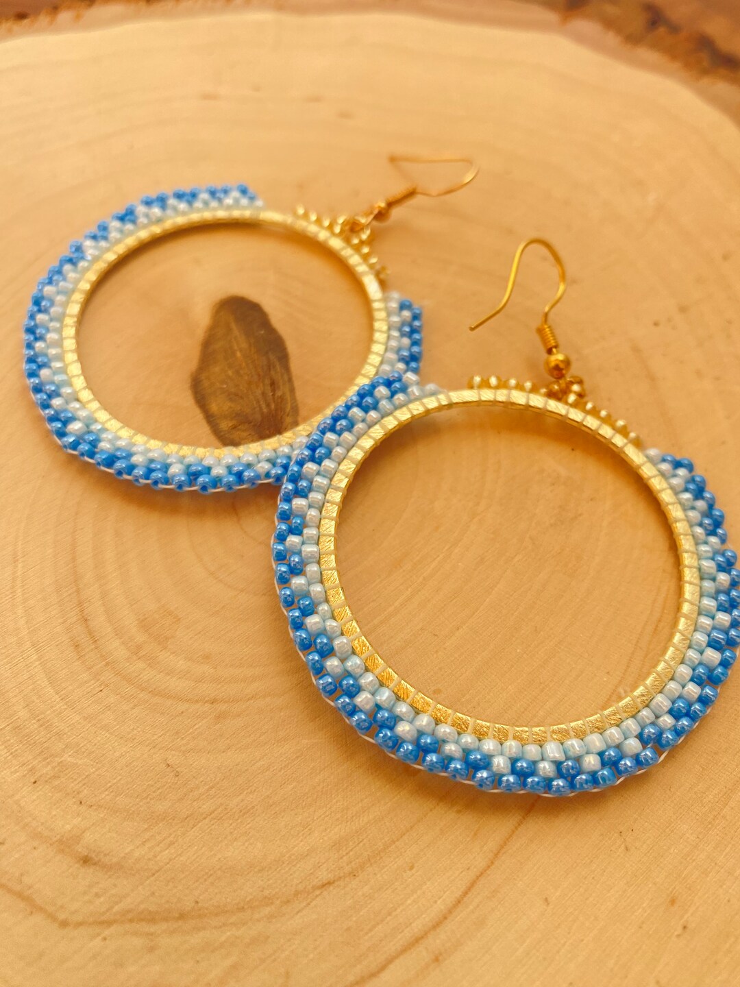 Blue Hoop Earrings Seed Bead Blues Light Dark Gold - Etsy