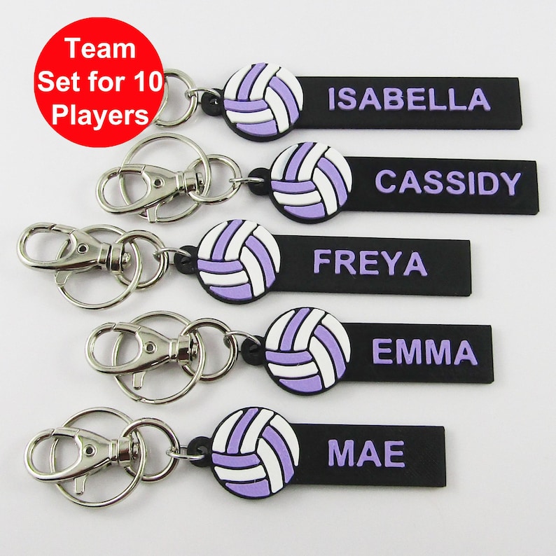Set of 10 Personalised Netball Name Keychains White and Lilac Netball ...