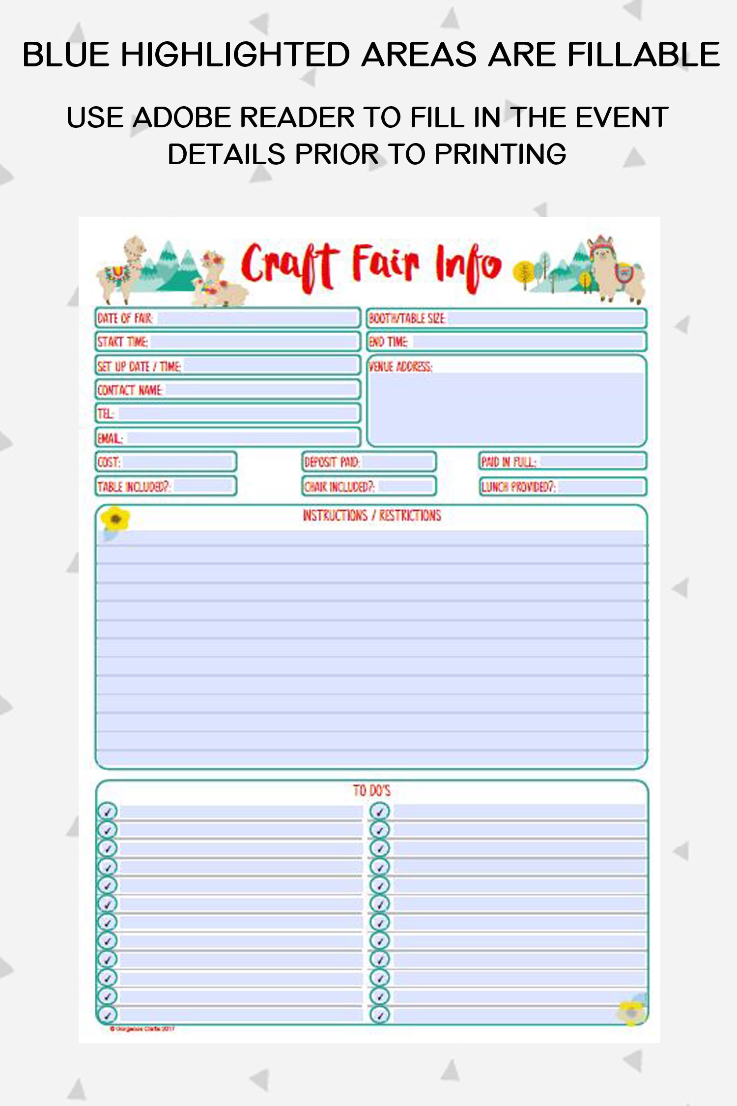 Craft Fair Info, Llama Handmade Business Printables, Business Planner ...