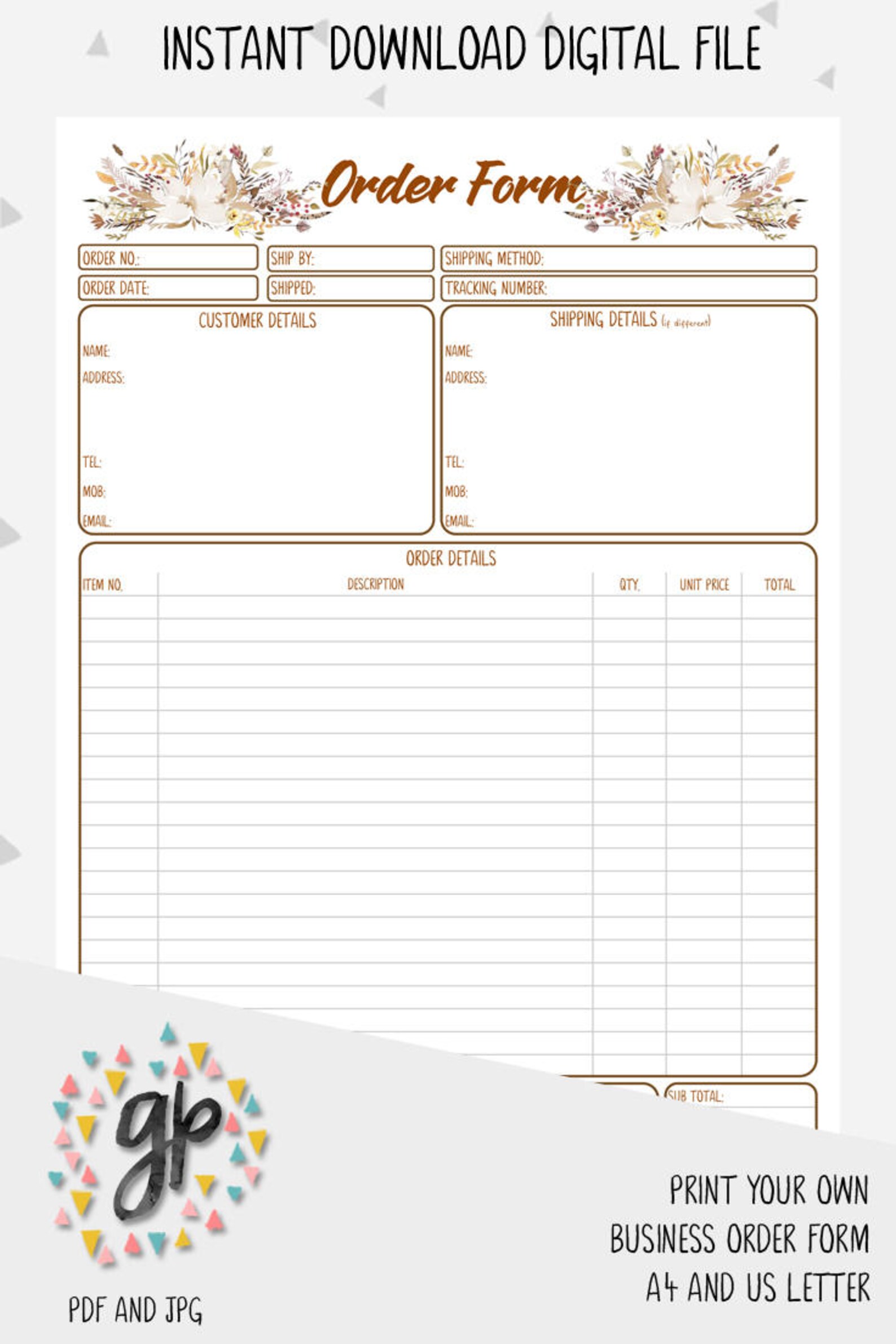 Order Form Printable for Handmade Business, Client Order Form Printable ...