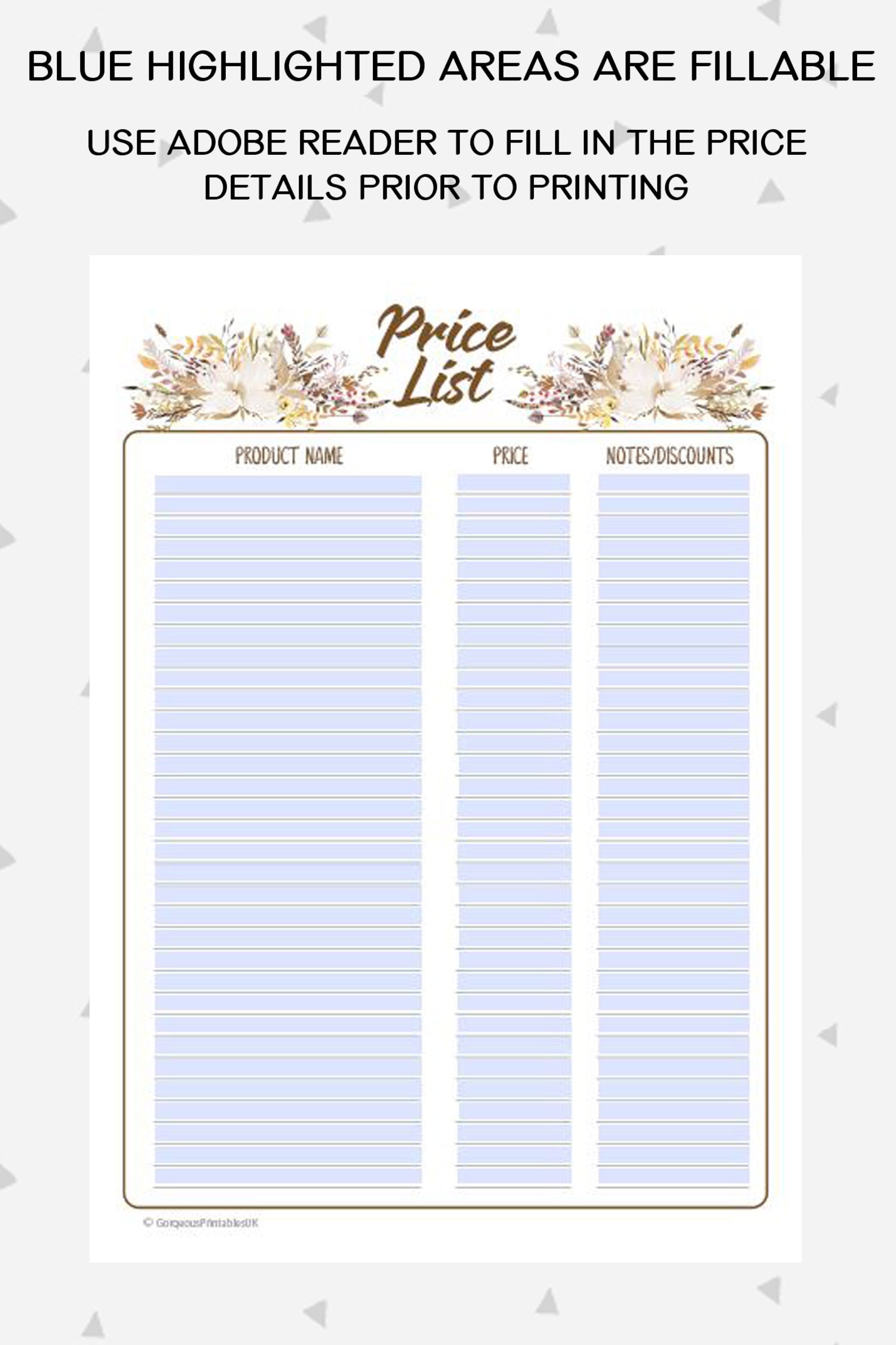 Price List Printable, Price Chart, Handmade Business Printable, Craft ...