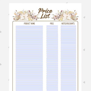 Price List Printable, Price Chart, Handmade Business Printable, Craft ...