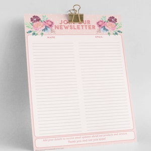 Email Sign up Sheet, Newsletter Subscription List, Handmade Business ...