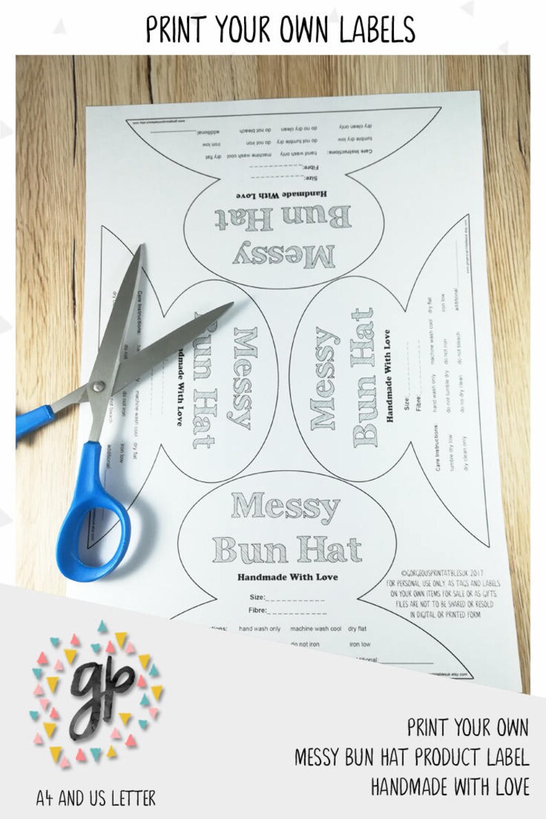 Printable Hang Tags for Messy Bun Hat, Printable Handmade Label ...