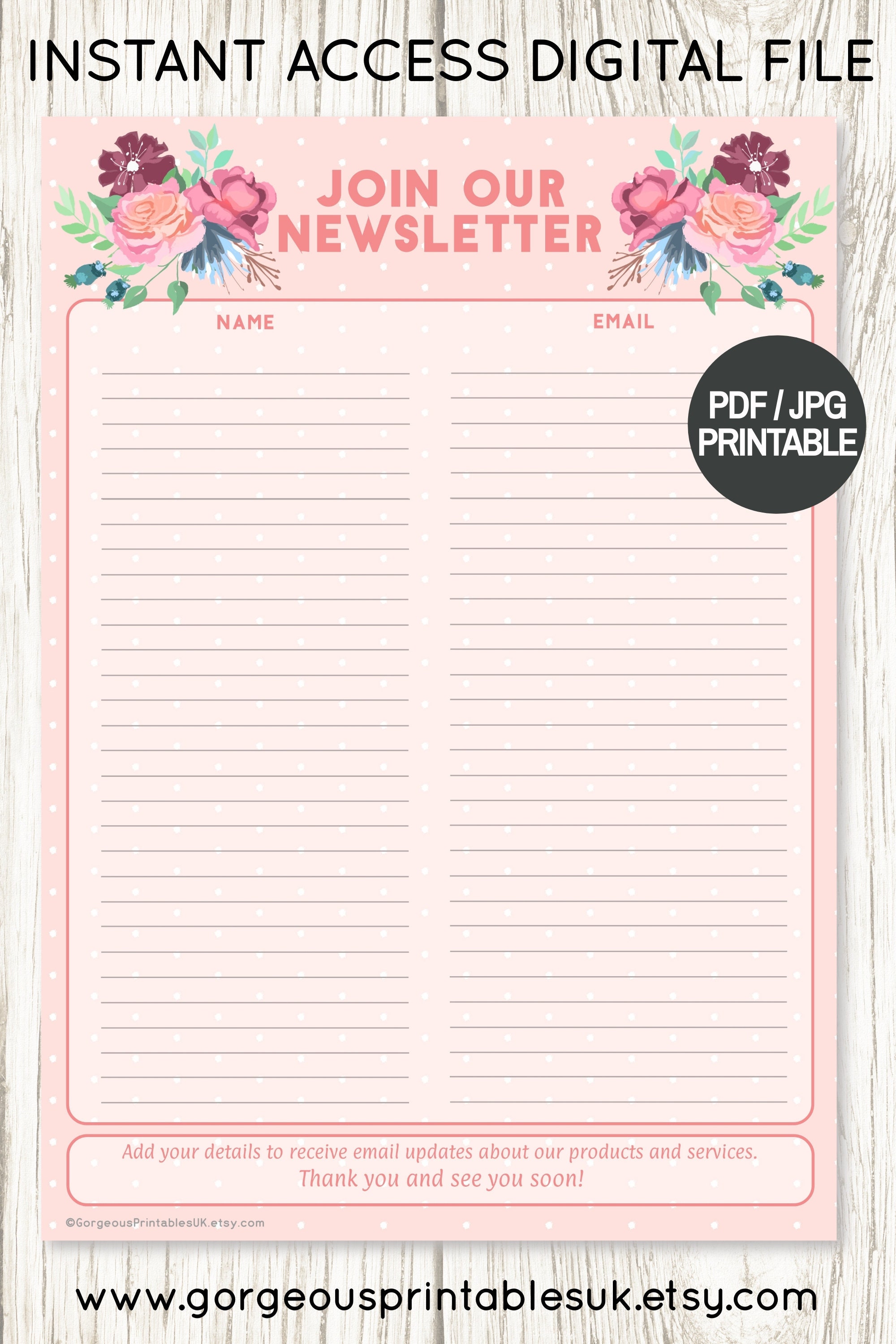 Email Sign up Sheet, Newsletter Subscription List, Handmade Business ...