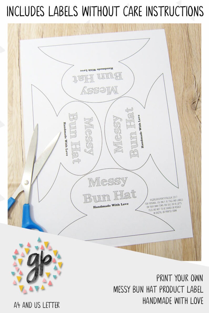 Printable Hang Tags for Messy Bun Hat, Printable Handmade Label ...