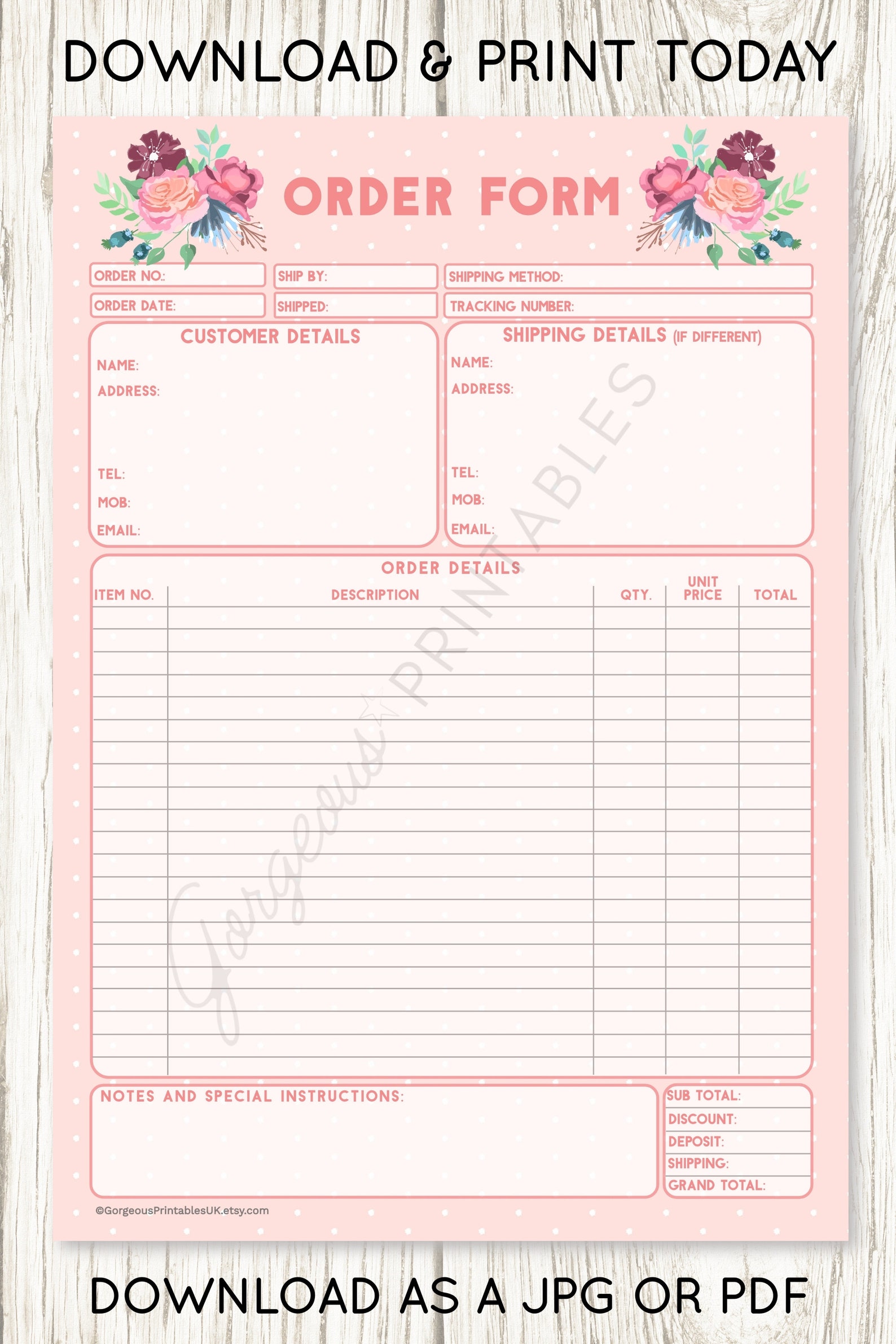 Blush Pink Order Form Printable for Business, Client Order Form ...