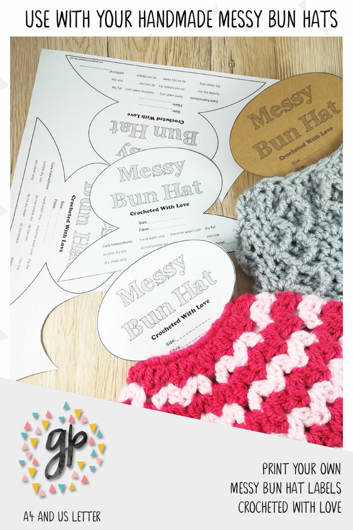 Product Label for Crochet Messy Bun Hat, Printable Crochet Label, Print ...