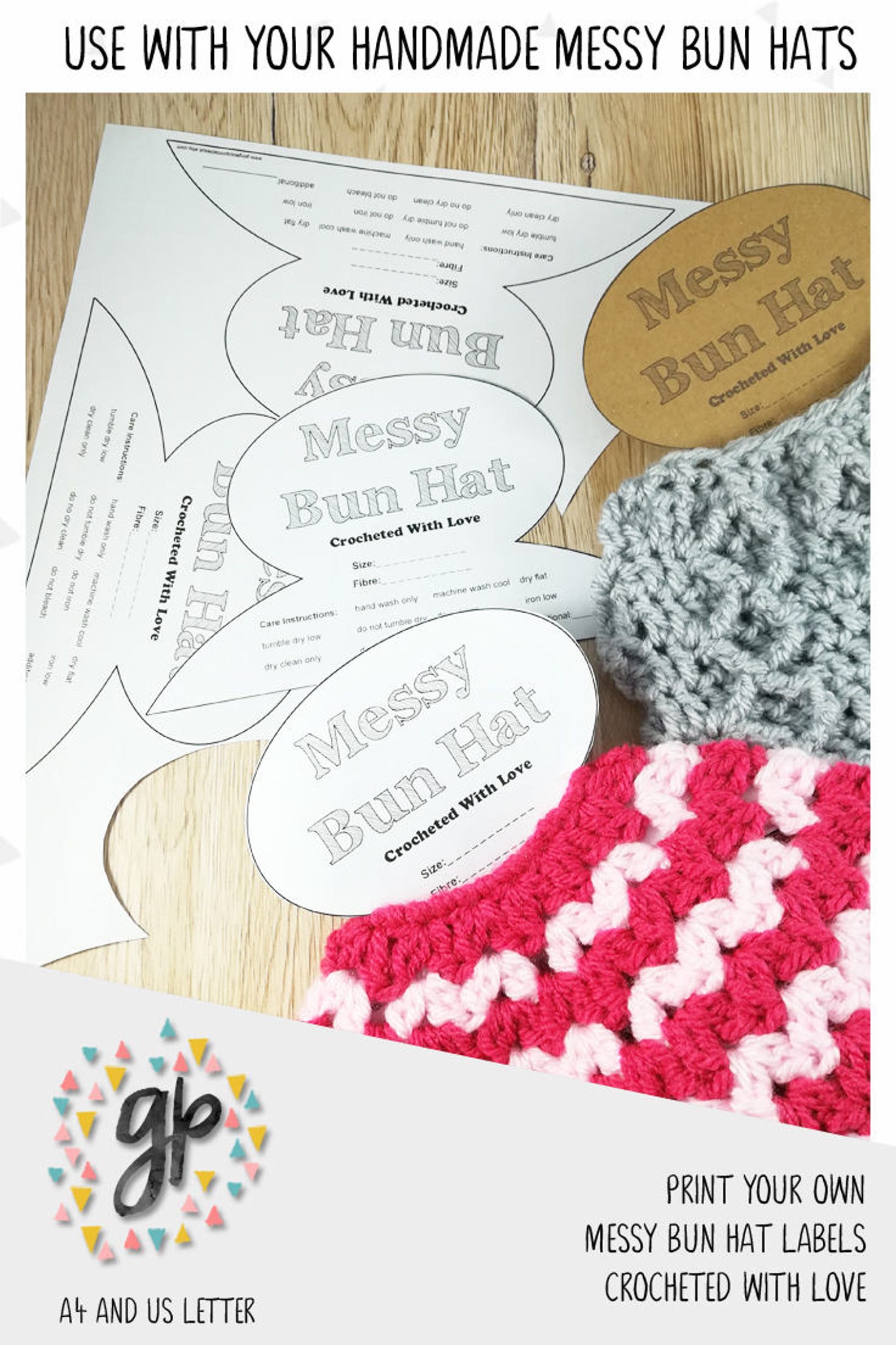 Product Label for Crochet Messy Bun Hat, Printable Crochet Label, Print ...