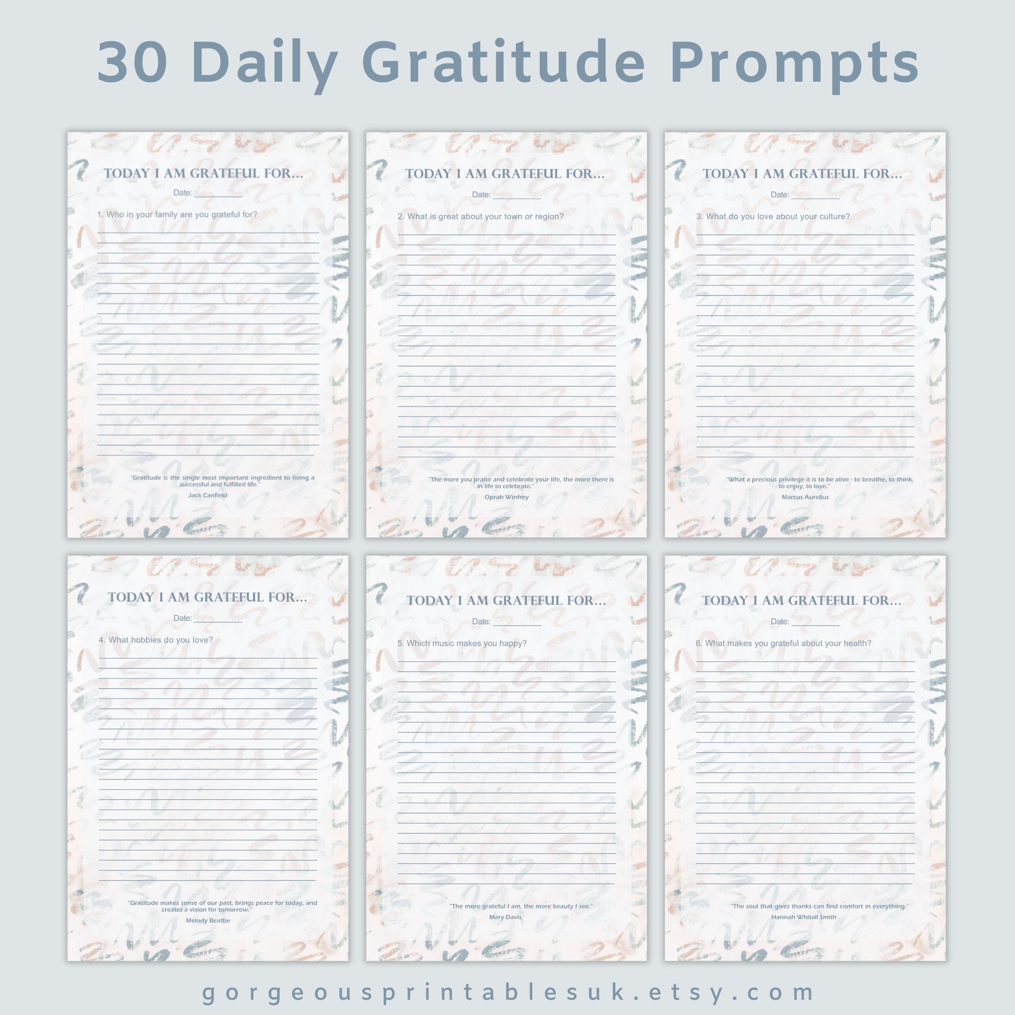 Gratitude Journal Printable, Mindful Planner Pages, 30 Day Prompts, One ...