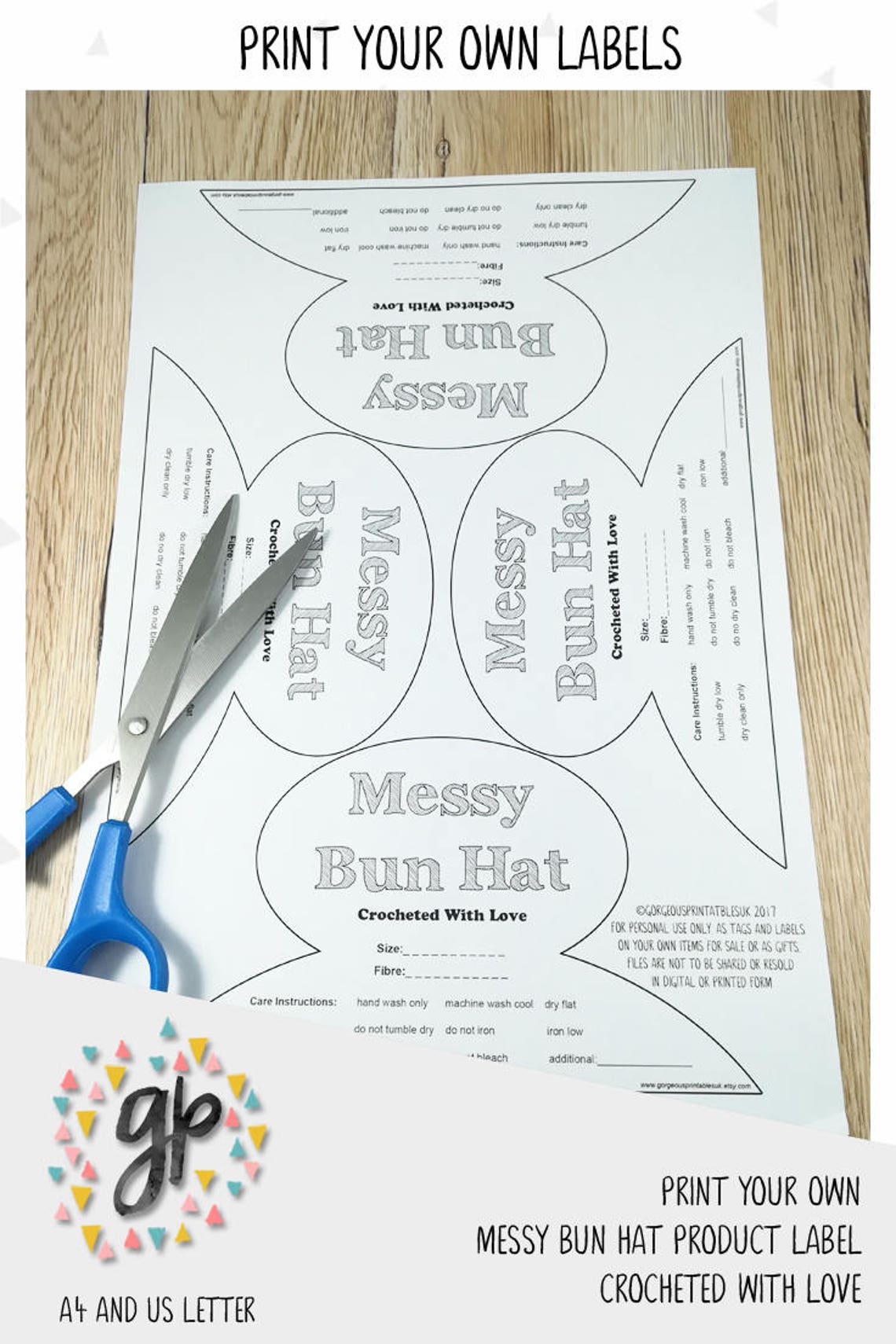 Product Label for Crochet Messy Bun Hat, Printable Crochet Label, Print ...