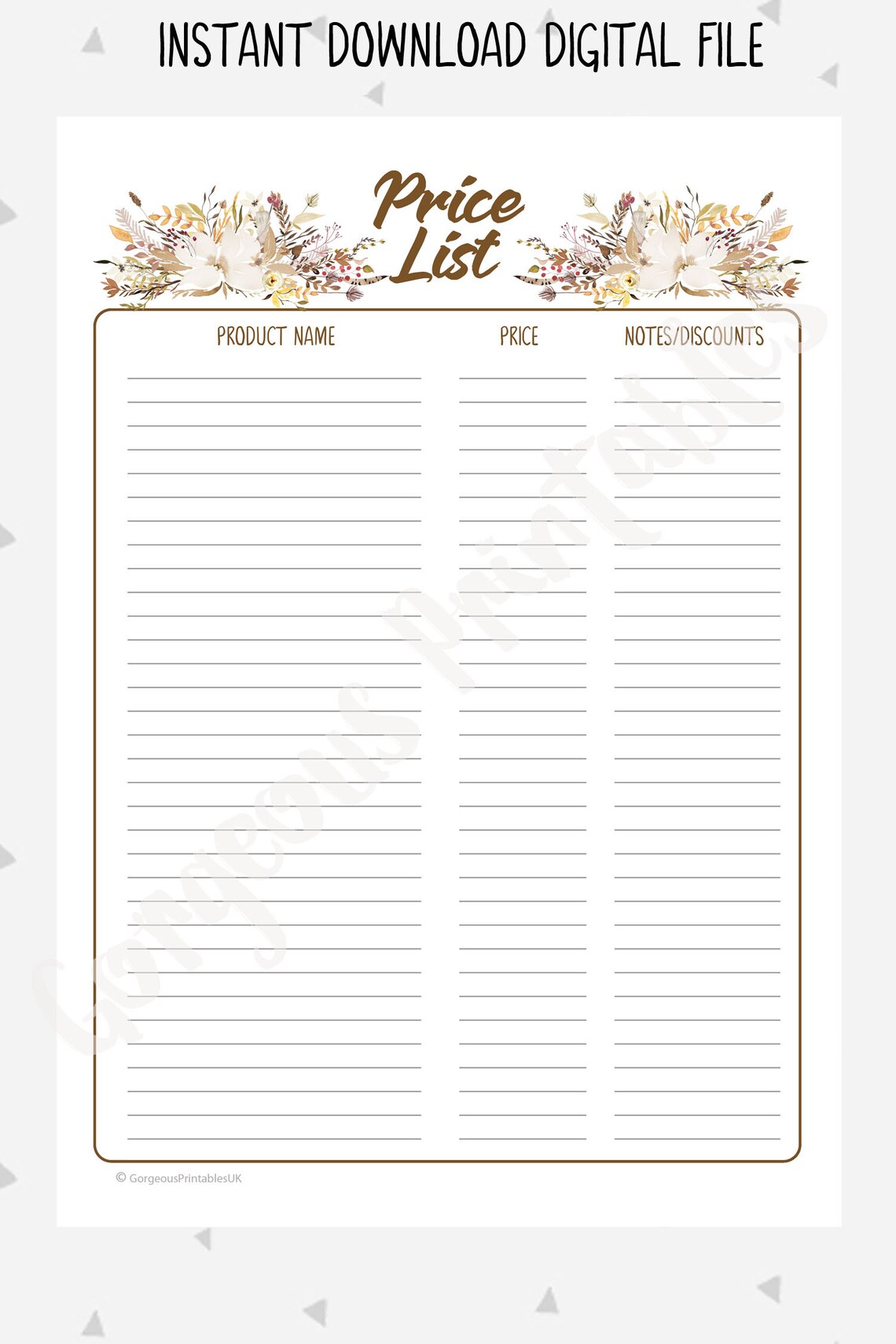 Price List Printable, Price Chart, Handmade Business Printable, Craft ...