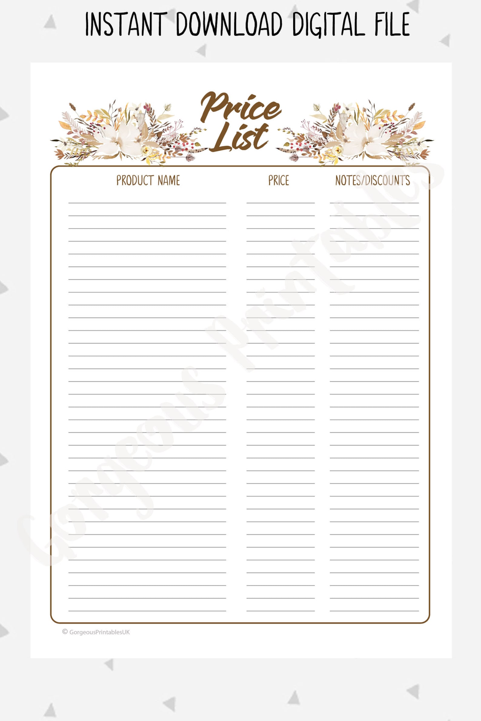 Price List Printable, Price Chart, Handmade Business Printable, Craft ...