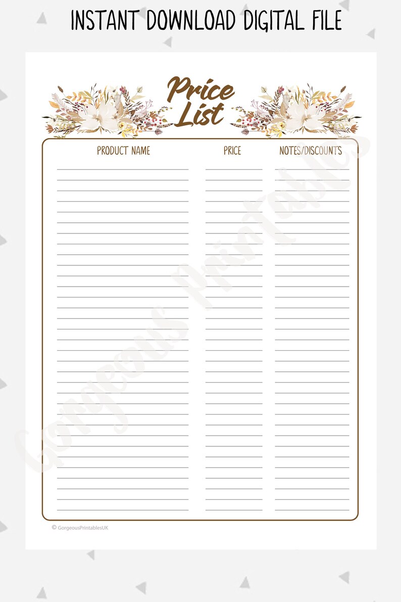 Price List Printable, Price Chart, Handmade Business Printable, Craft ...