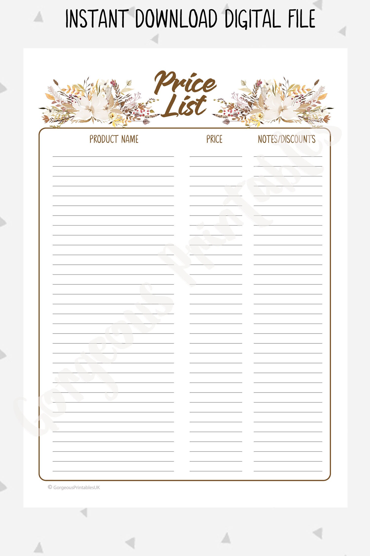 Price List Printable, Price Chart, Handmade Business Printable, Craft ...