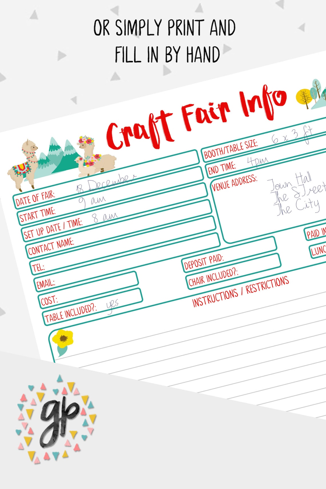 Craft Fair Info, Llama Handmade Business Printables, Business Planner ...