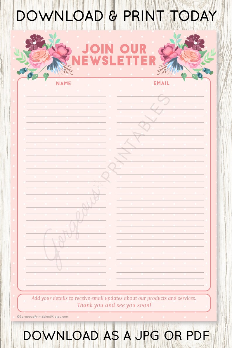 Email Sign up Sheet, Newsletter Subscription List, Handmade Business ...