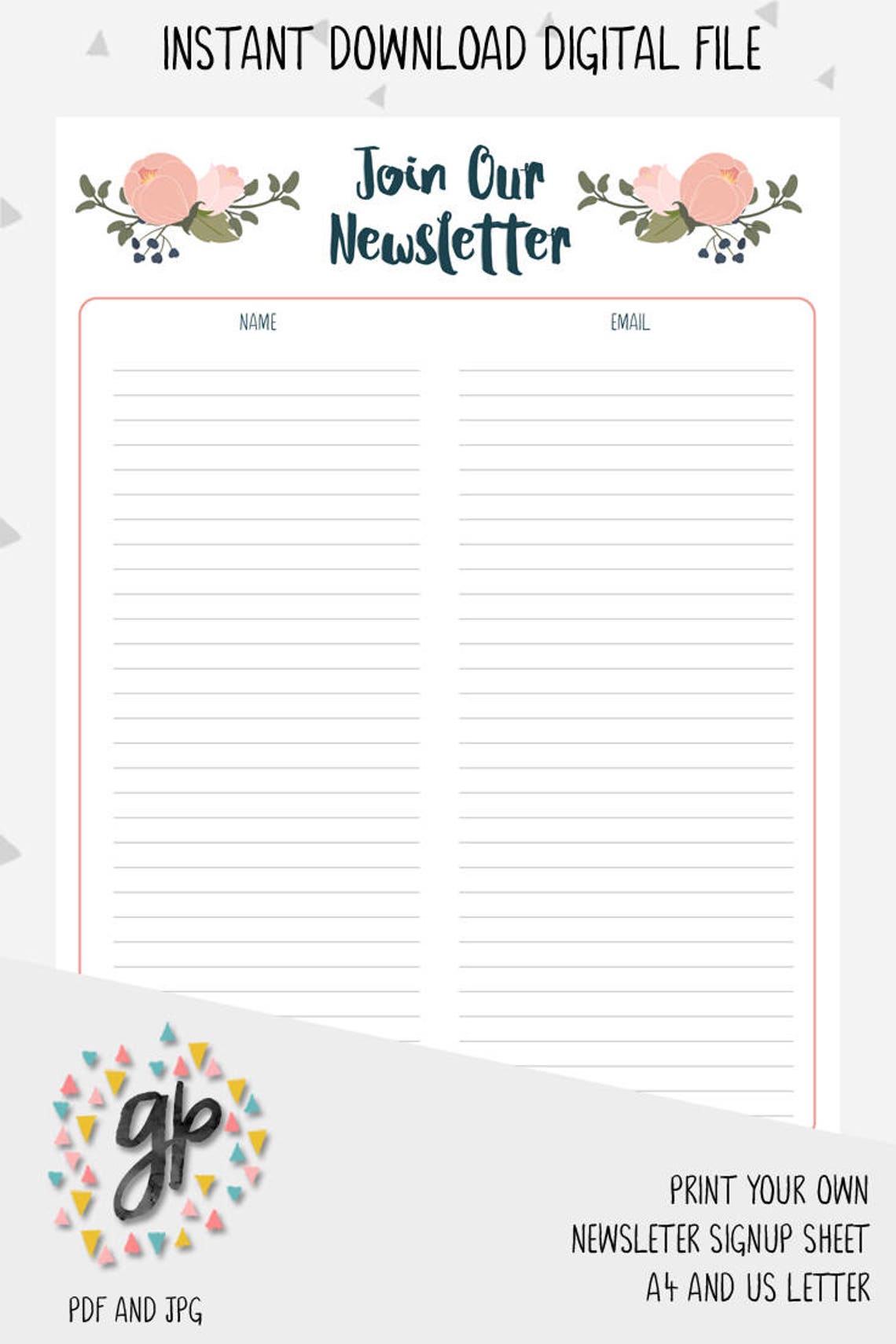 Newsletter Sign up Sheet, Email Subscription List, Handmade Business ...