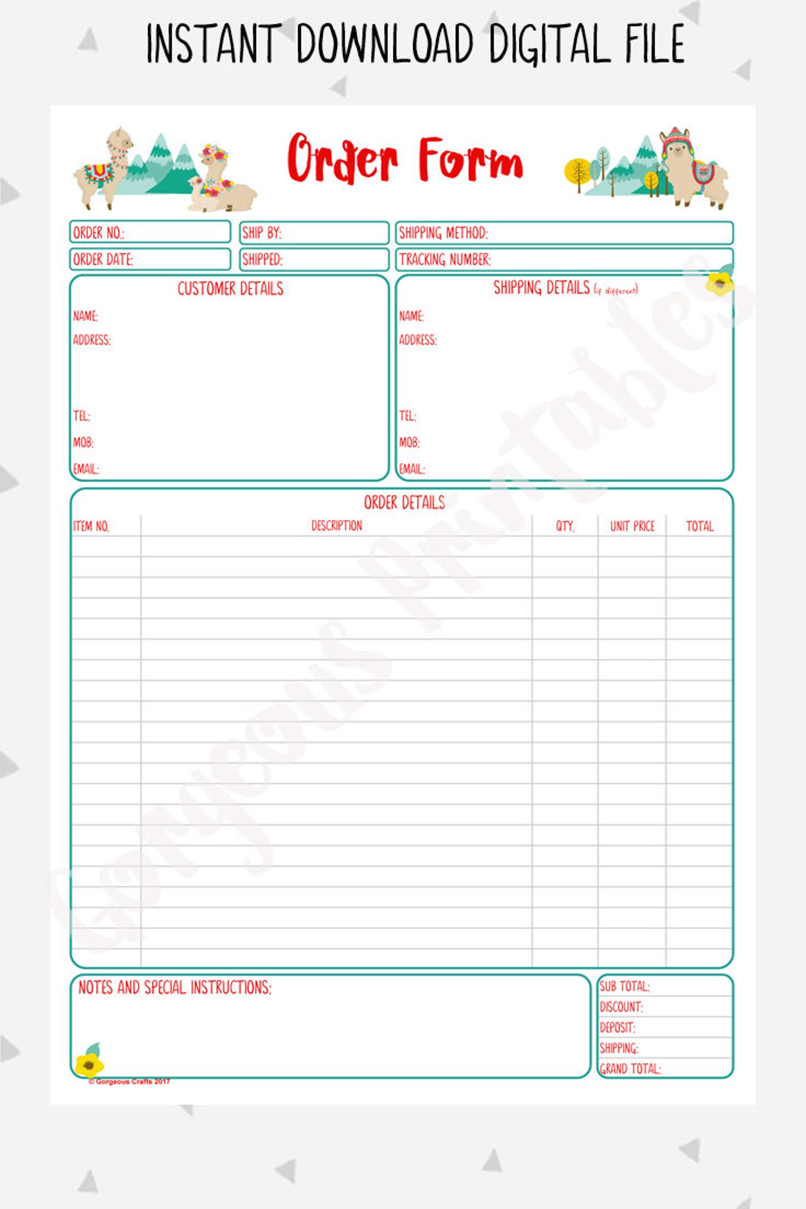 Llama Order Form Printable, Alpaca Handmade Business Order Form, Craft ...