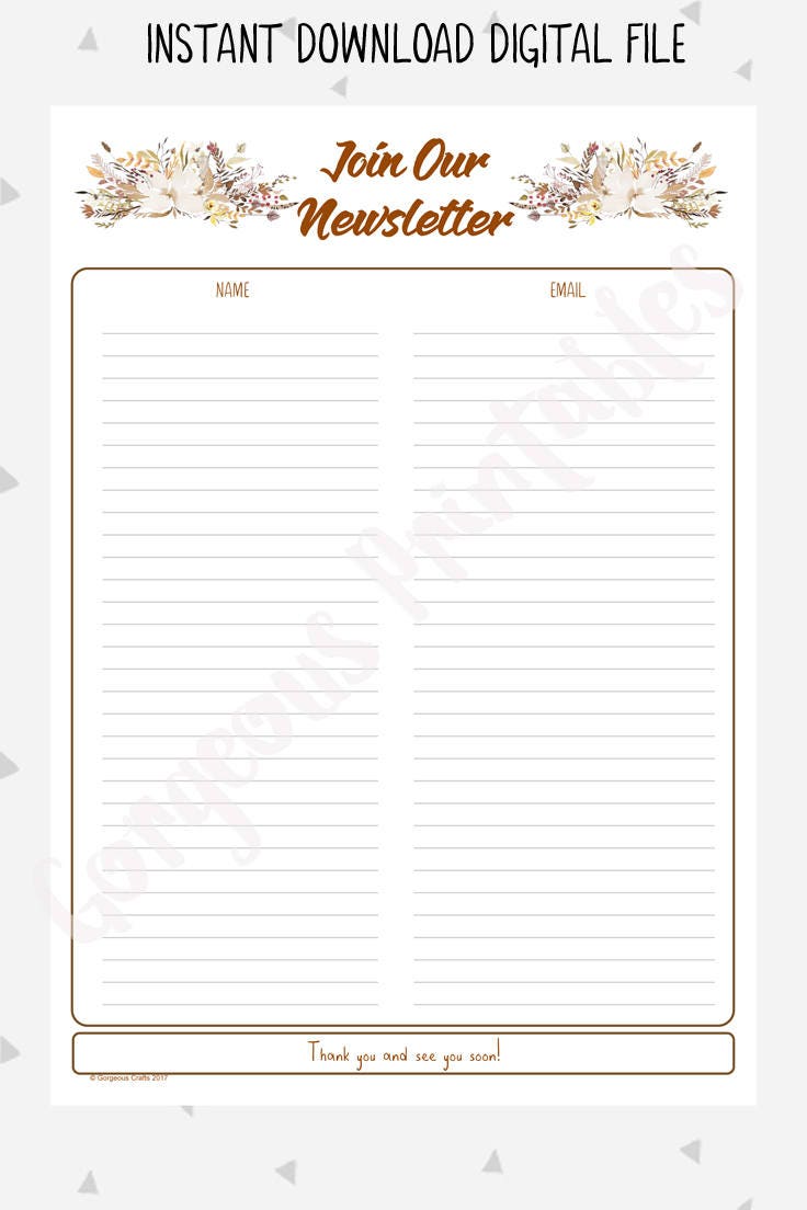 Email Sign up Sheet, Email Subscription List, Newsletter Sign Up, Craft ...