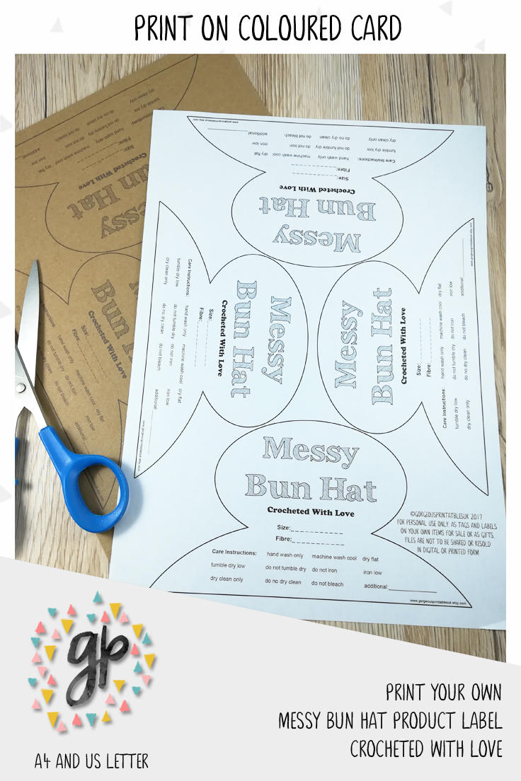 Product Label for Crochet Messy Bun Hat, Printable Crochet Label, Print ...