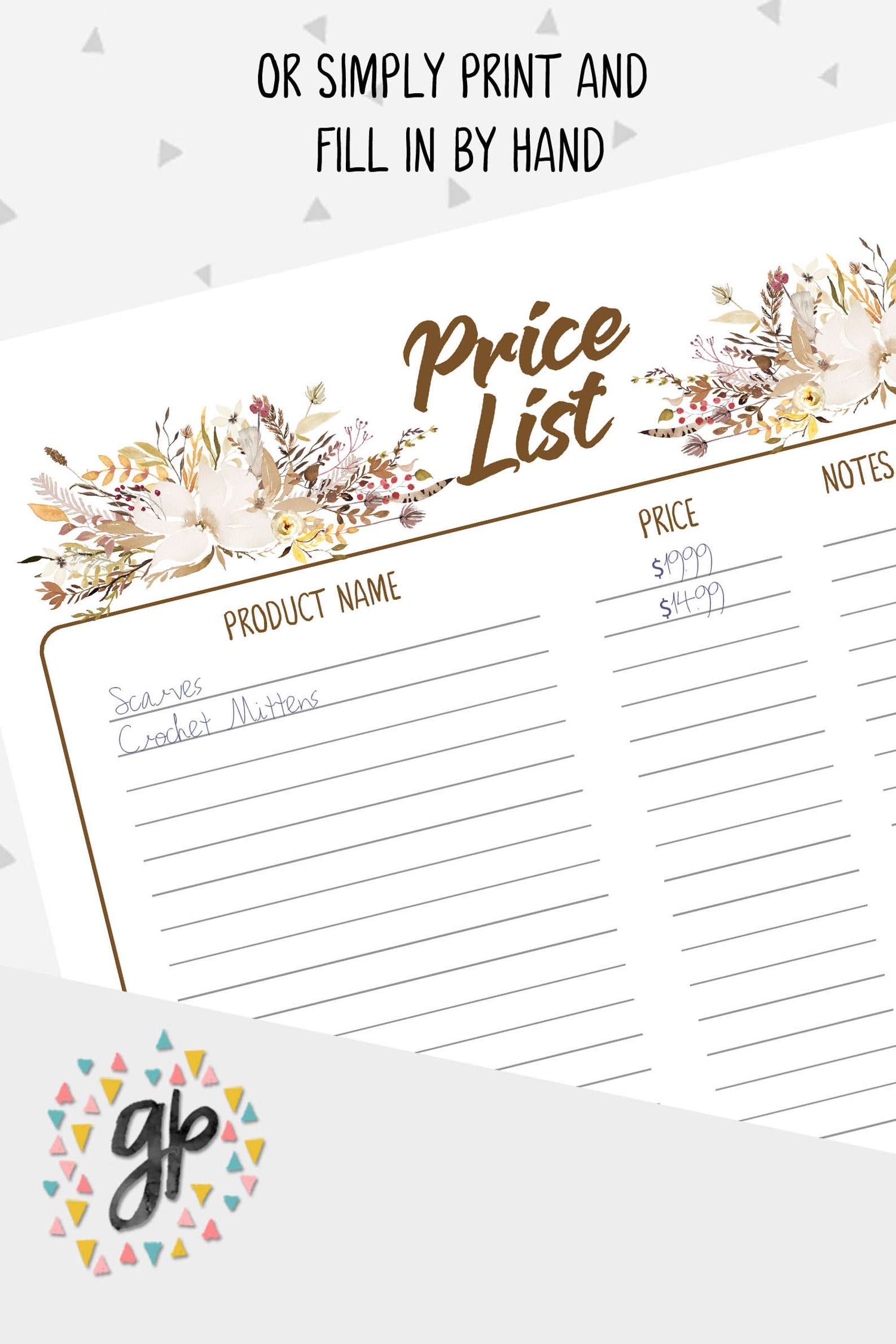 Price List Printable, Price Chart, Handmade Business Printable, Craft ...