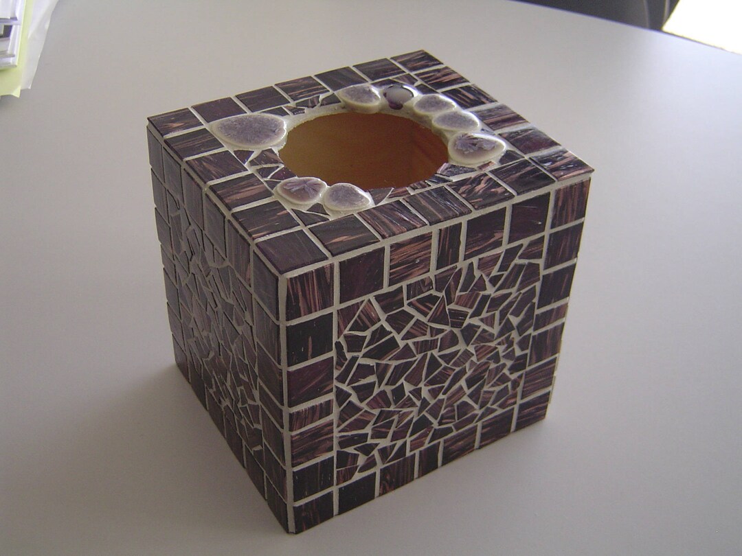 IN STOCK Tall Tissue Box square in Brown Glass Paste Mosaic With Purple ...