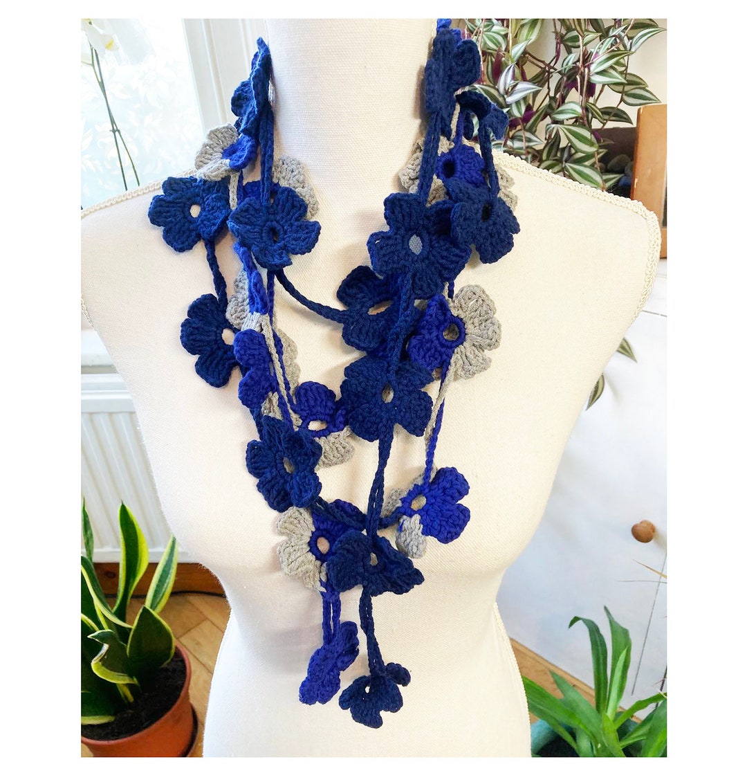 Handmade Crochet Flower Garland Scarf: Gray-blue Boho Necklace - Etsy
