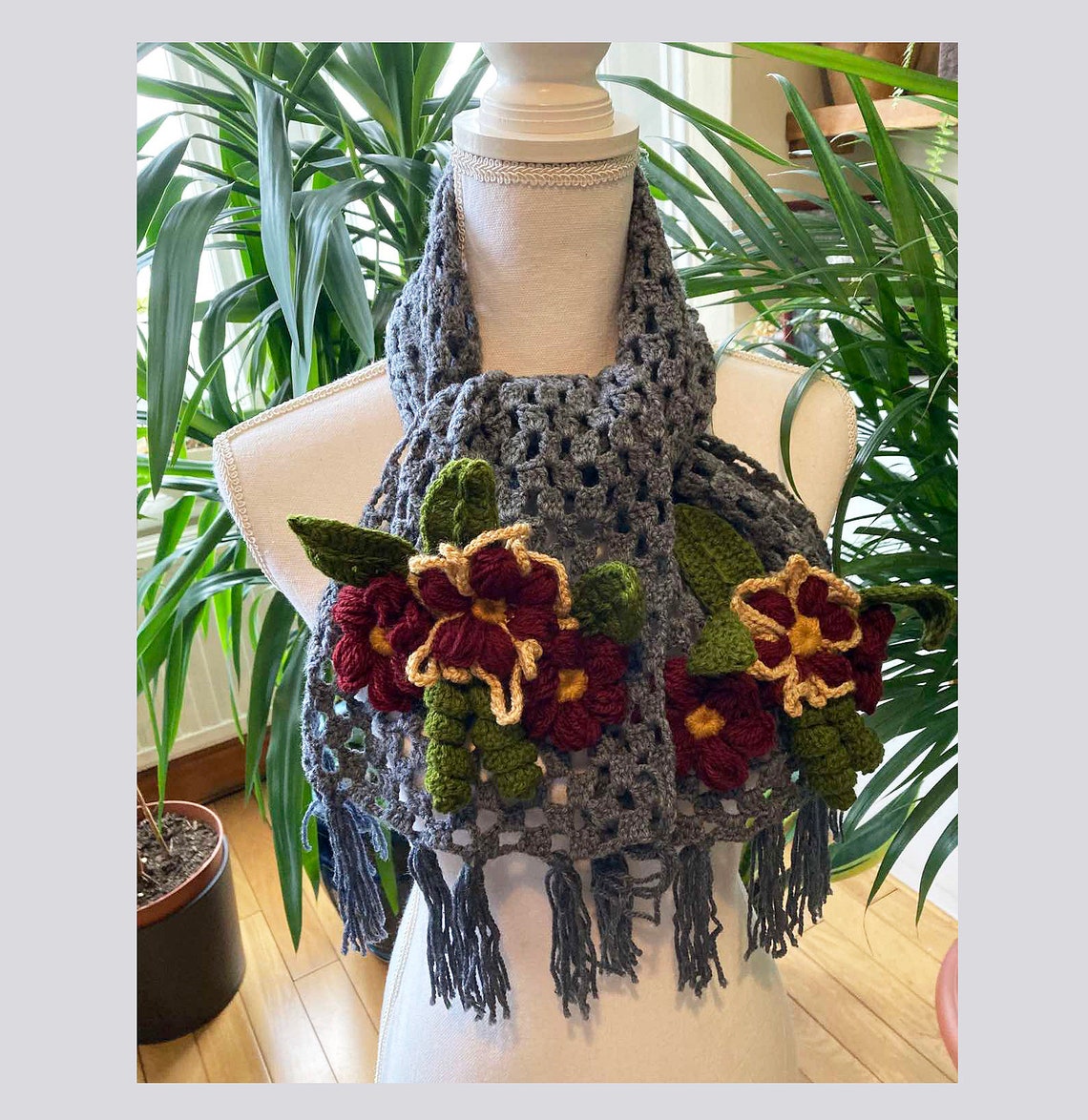 Hand Crochet Gray Shawl With Crochet Flowers Rectangular Wrap Shawl ...