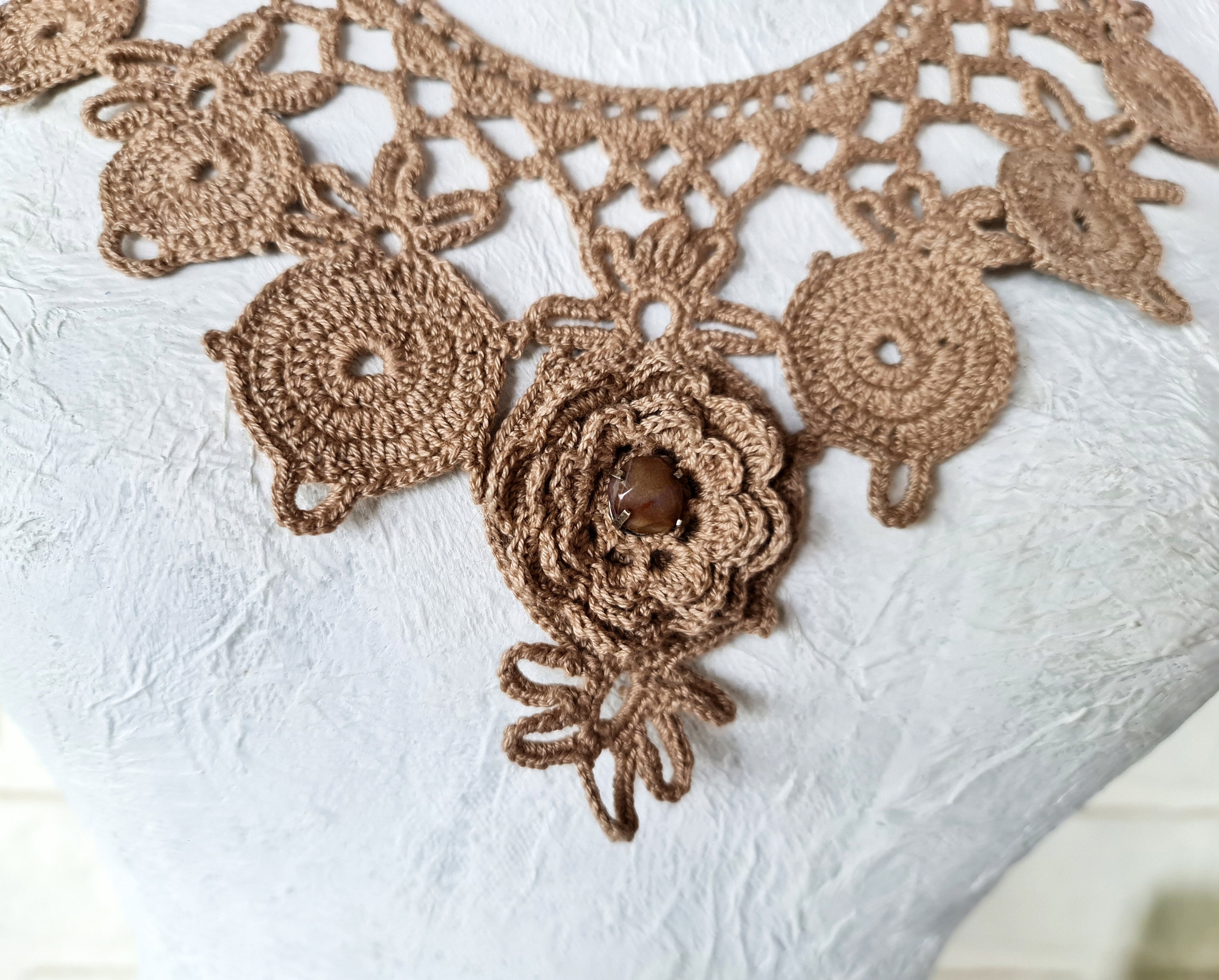 Beige Cotton Crochet Necklace and Beige Earrings Gift Boho - Etsy UK
