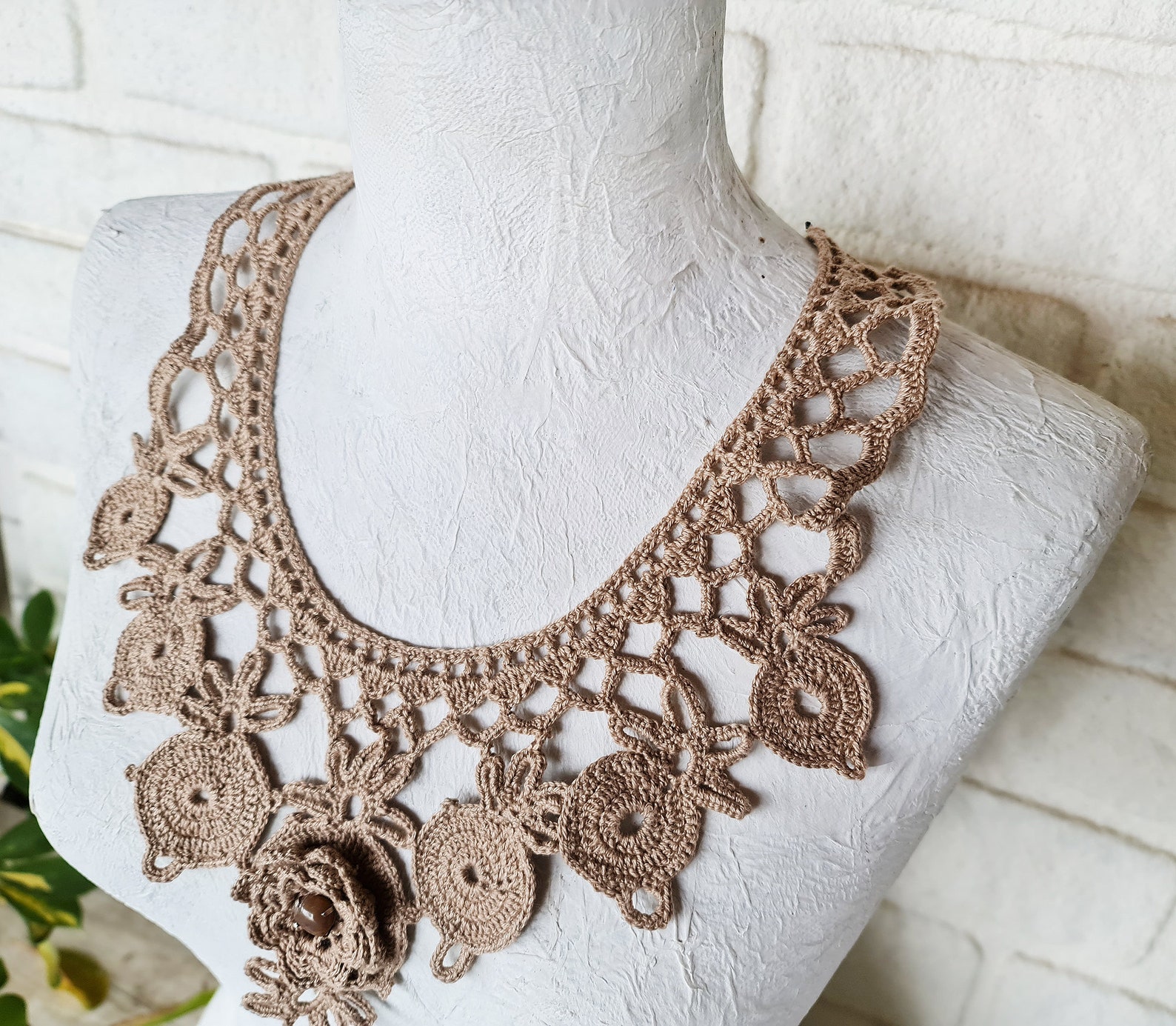Beige Cotton Crochet Necklace and Beige Earrings Gift Boho - Etsy UK