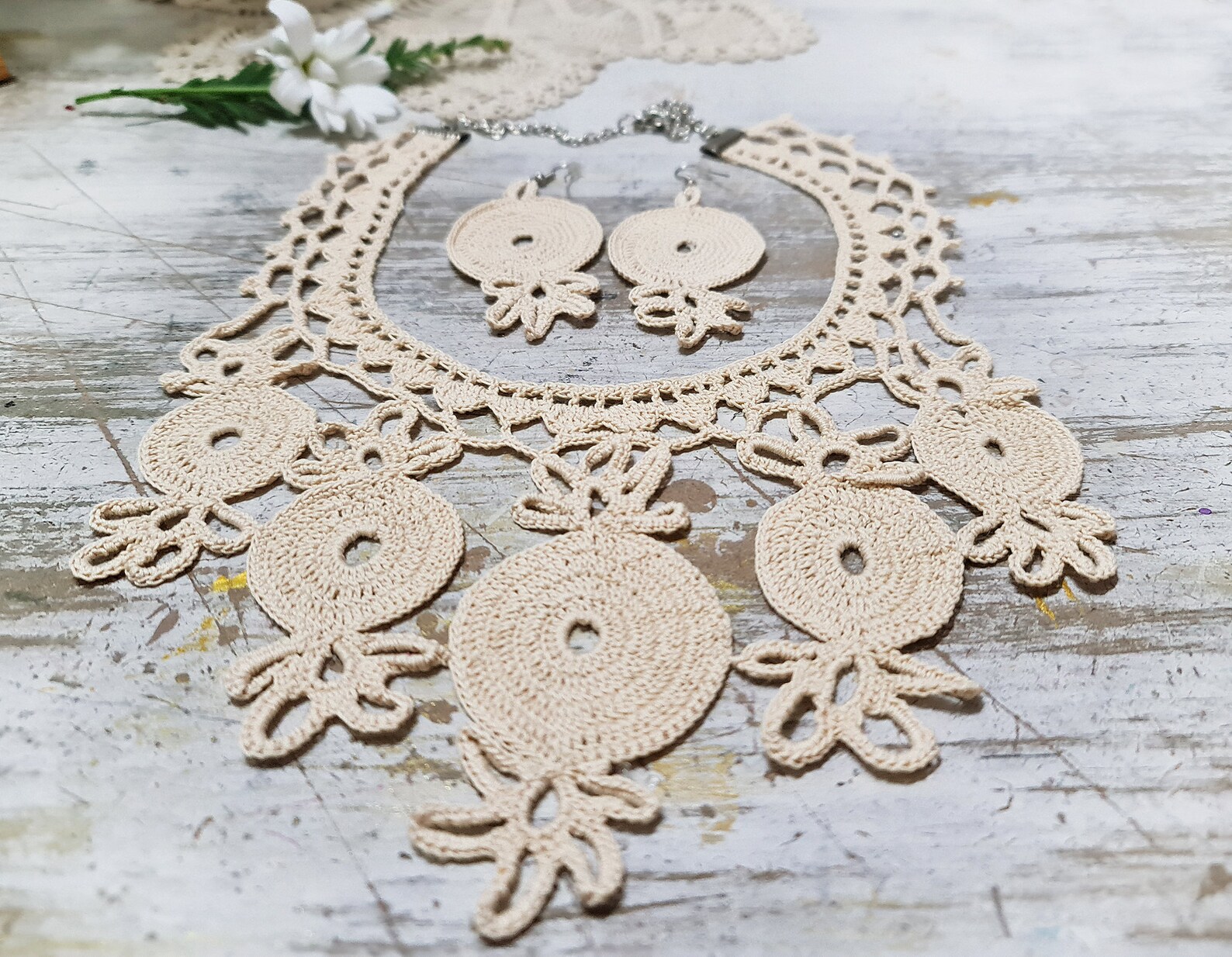 Beige Cotton Crochet Necklace and Beige Earrings Gift Boho - Etsy UK