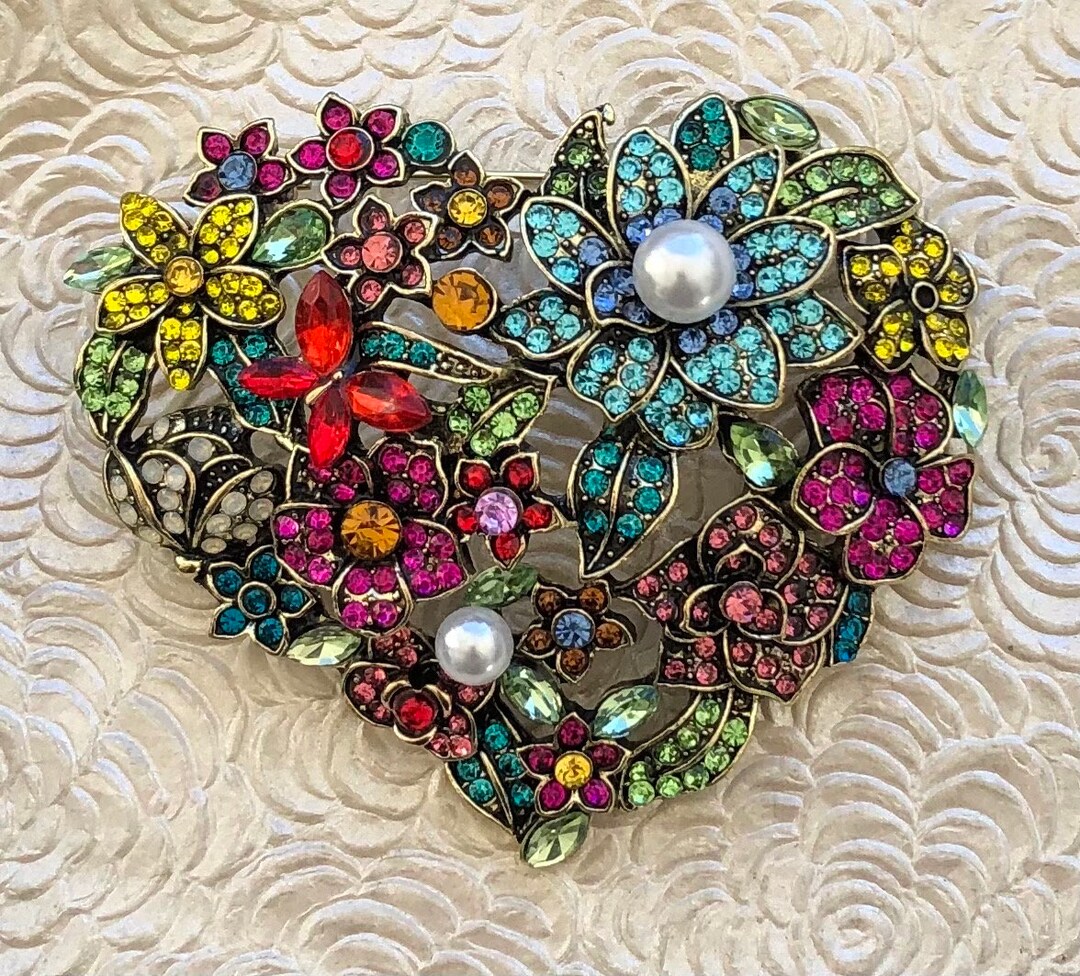 Vintage Style Heart Multi Colored Pastel Rhinestone Brooch - Etsy