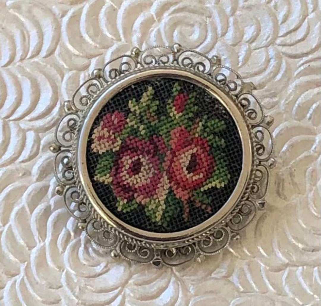 Vintage Needlepoint Petit Point Cross Stitch Roses Brooch - Etsy