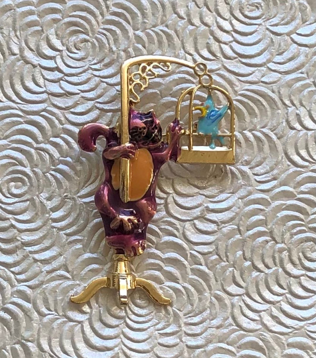 Vintage Style Cat & D Bird in Cage Brooch / Pendant - Etsy