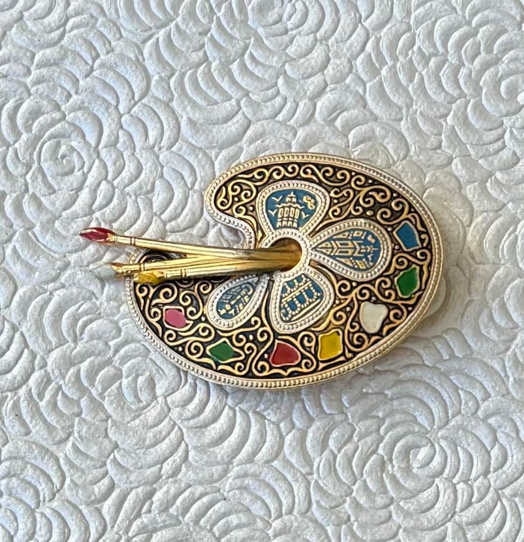 Vintage Damascene Artist Palette Paint Brush Brooch - Etsy