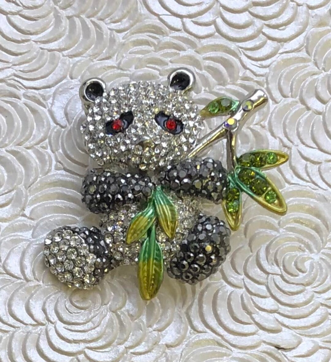 Adorable Vintage Panda Holding Bamboo Brooch in Enamel on Gold Tone ...