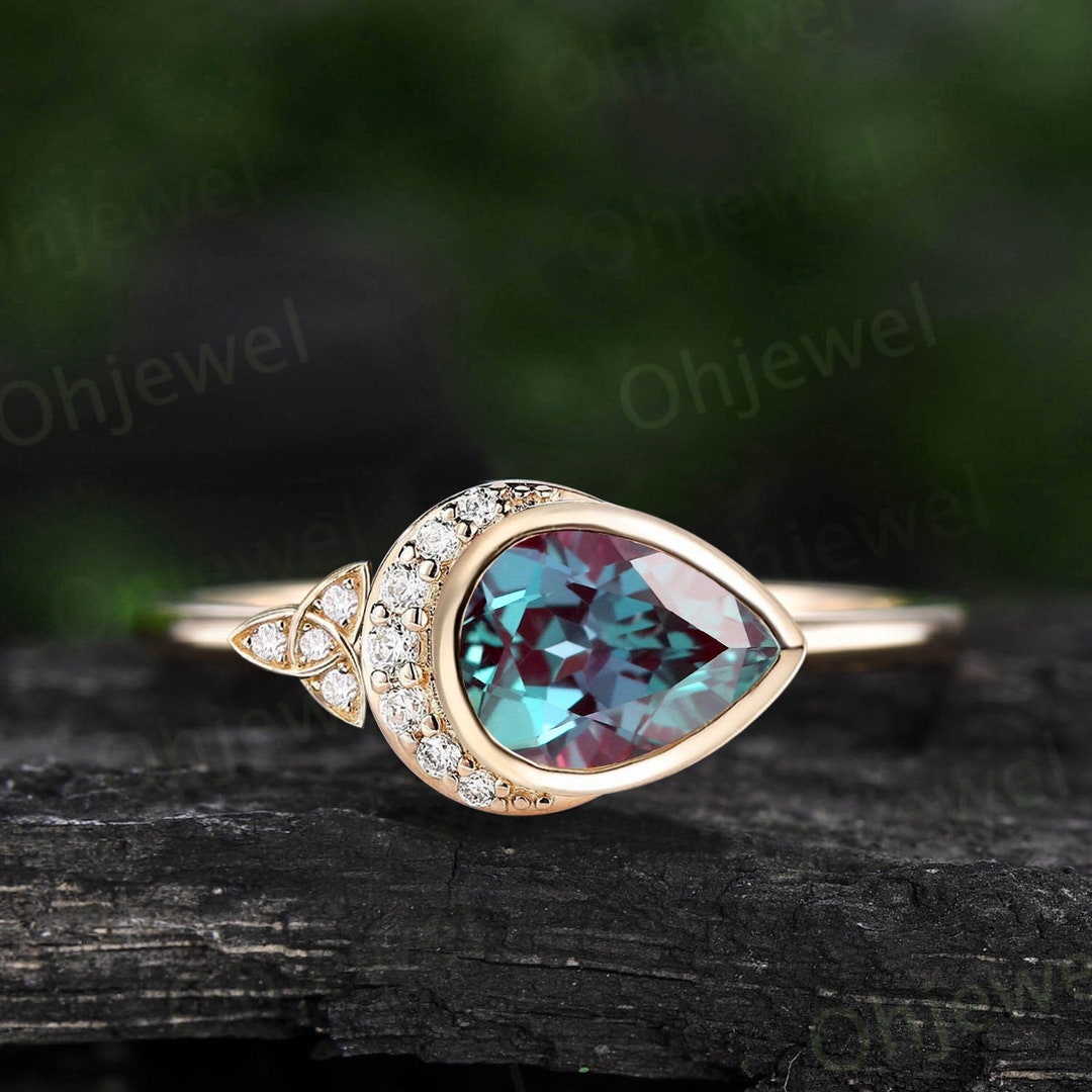 Pear Shaped Alexandrite Ring Vintage Moon Bezel Unique Engagement Ring ...