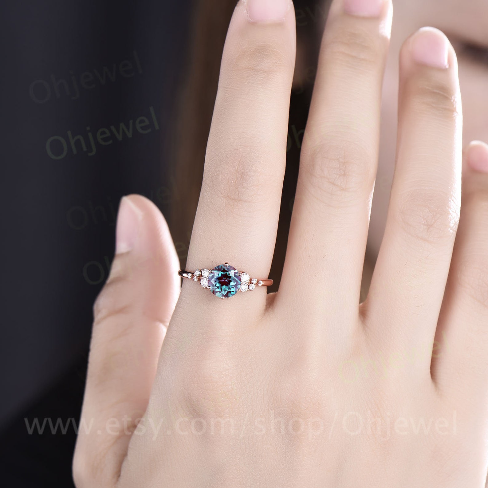 1ct Alexandrite Ring Gold Silver Cluster Vintage Alexandrite Engagement ...