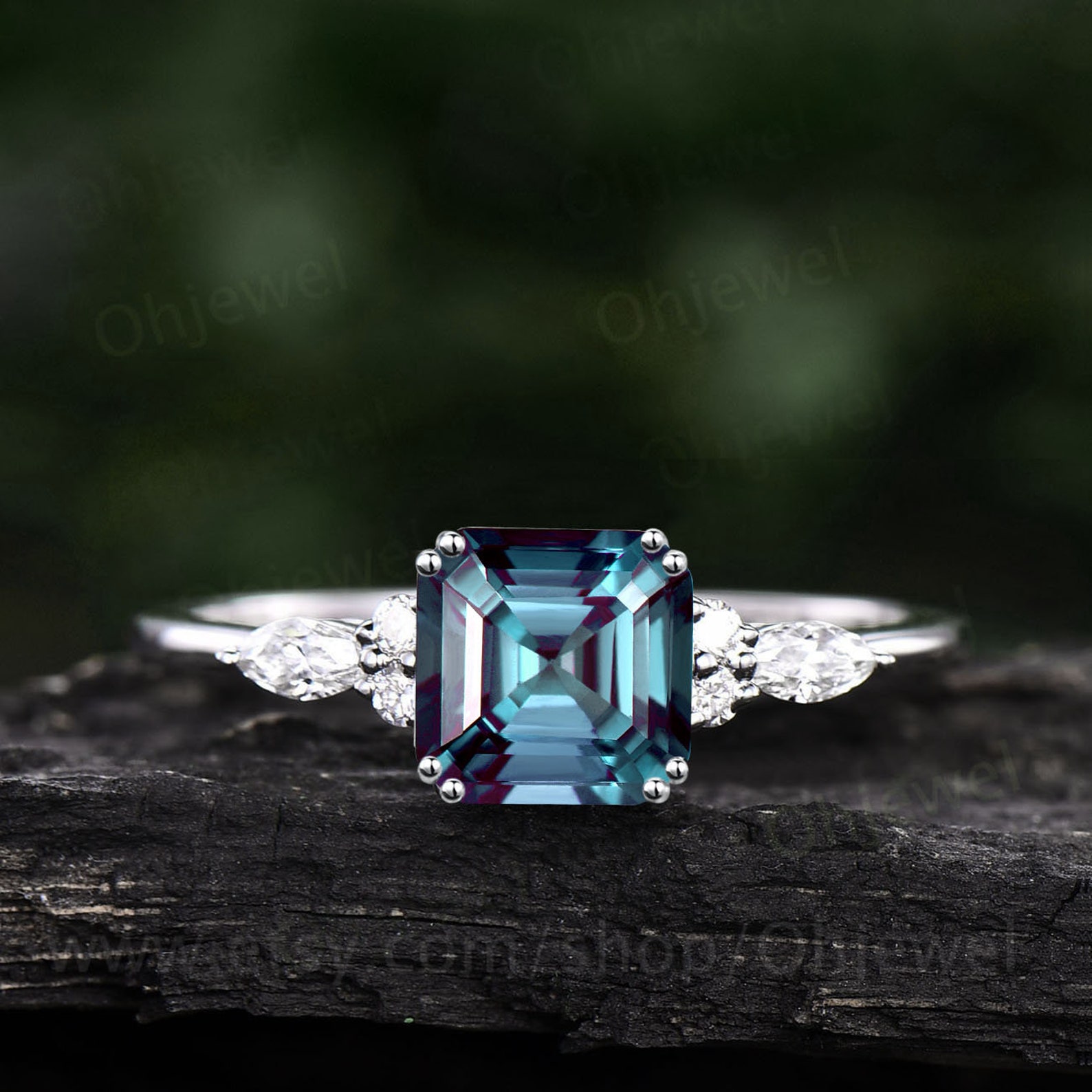 Asscher Cut Alexandrite Engagement Ring Set Solid 14k Rose Gold Art ...