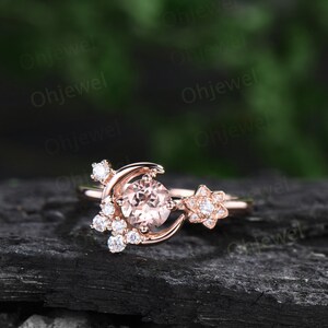 Vintage Natural Round Morganite Engagement Ring Solid 14k Rose Gold Cluster Moon Star Diamond ...