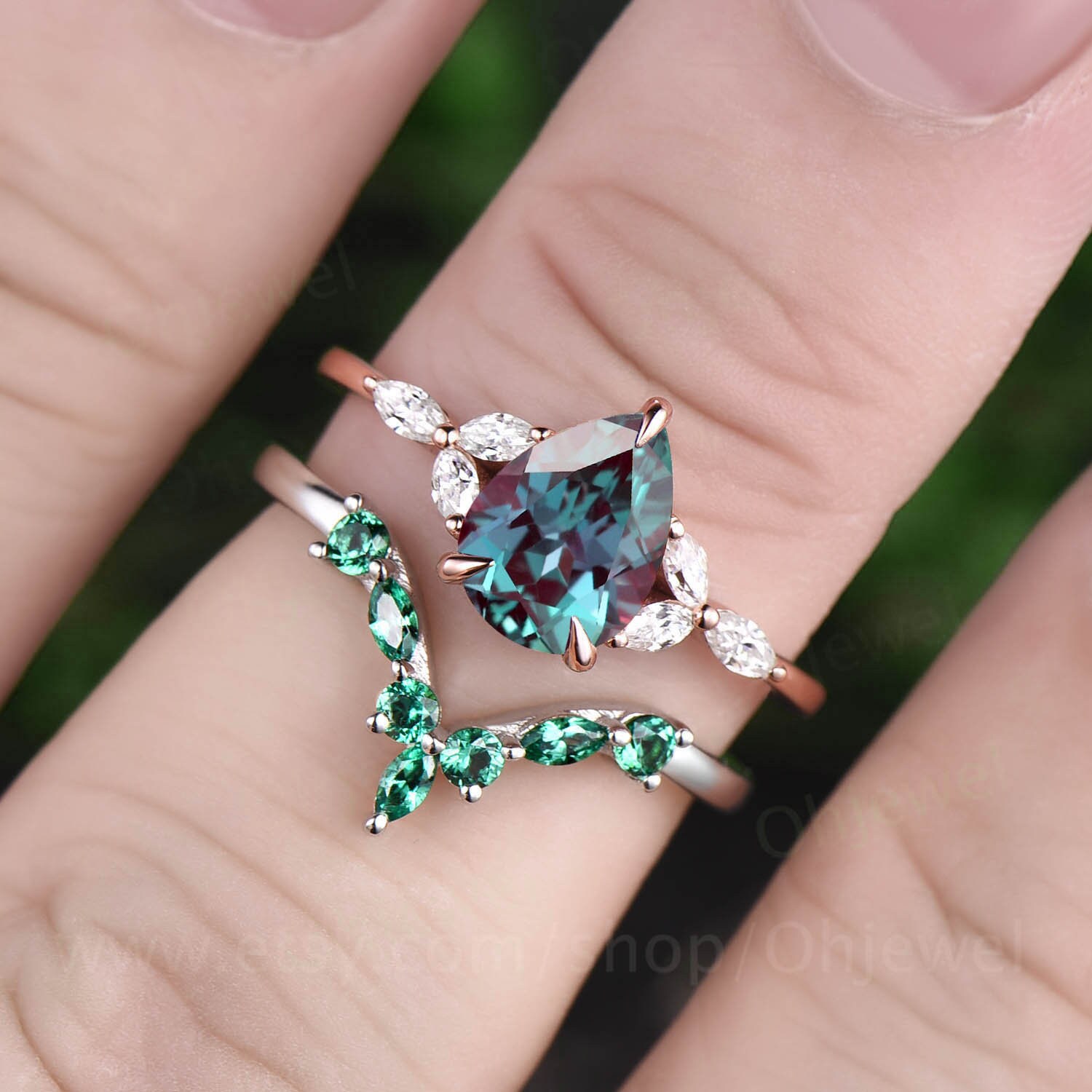 Pear Alexandrite Engagement Ring Set Art Deco Vintage Rose - Etsy