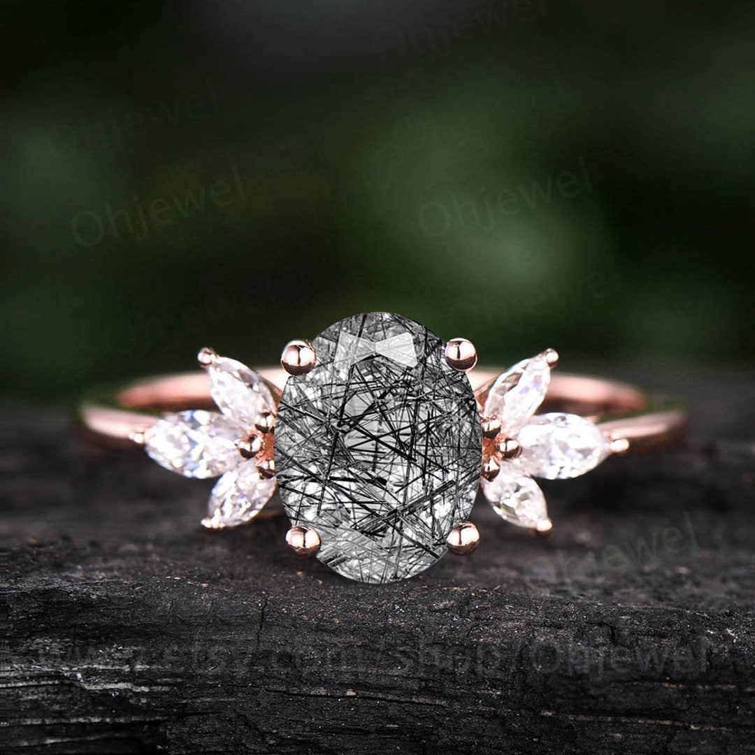 Oval Cut Black Rutilated Quartz Engagement Ring 7 Stone Rose Gold Ring ...