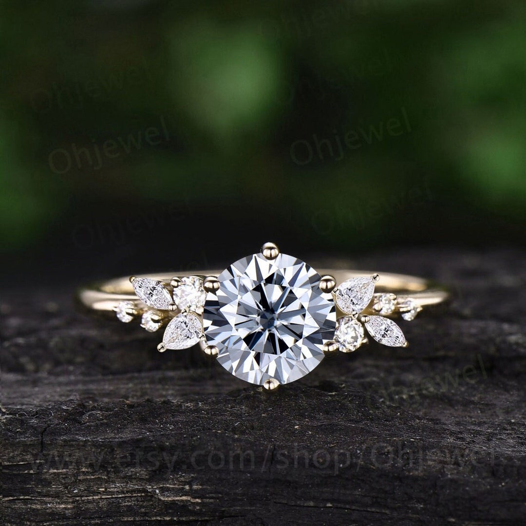 Vintage Round Gray Moissanite Engagement Ring Solid Rose Gold Cluster ...