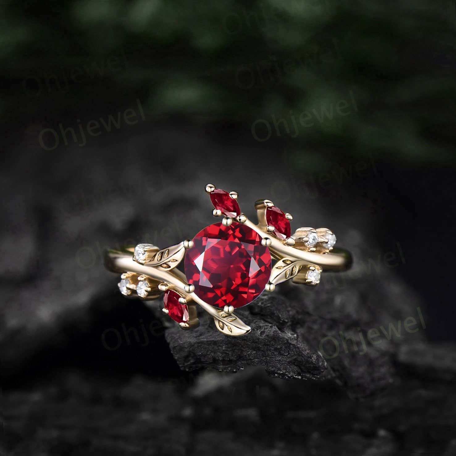 Round Red Ruby Engagement Ring Rose Gold Leaf Nature Inspired Cluster ...