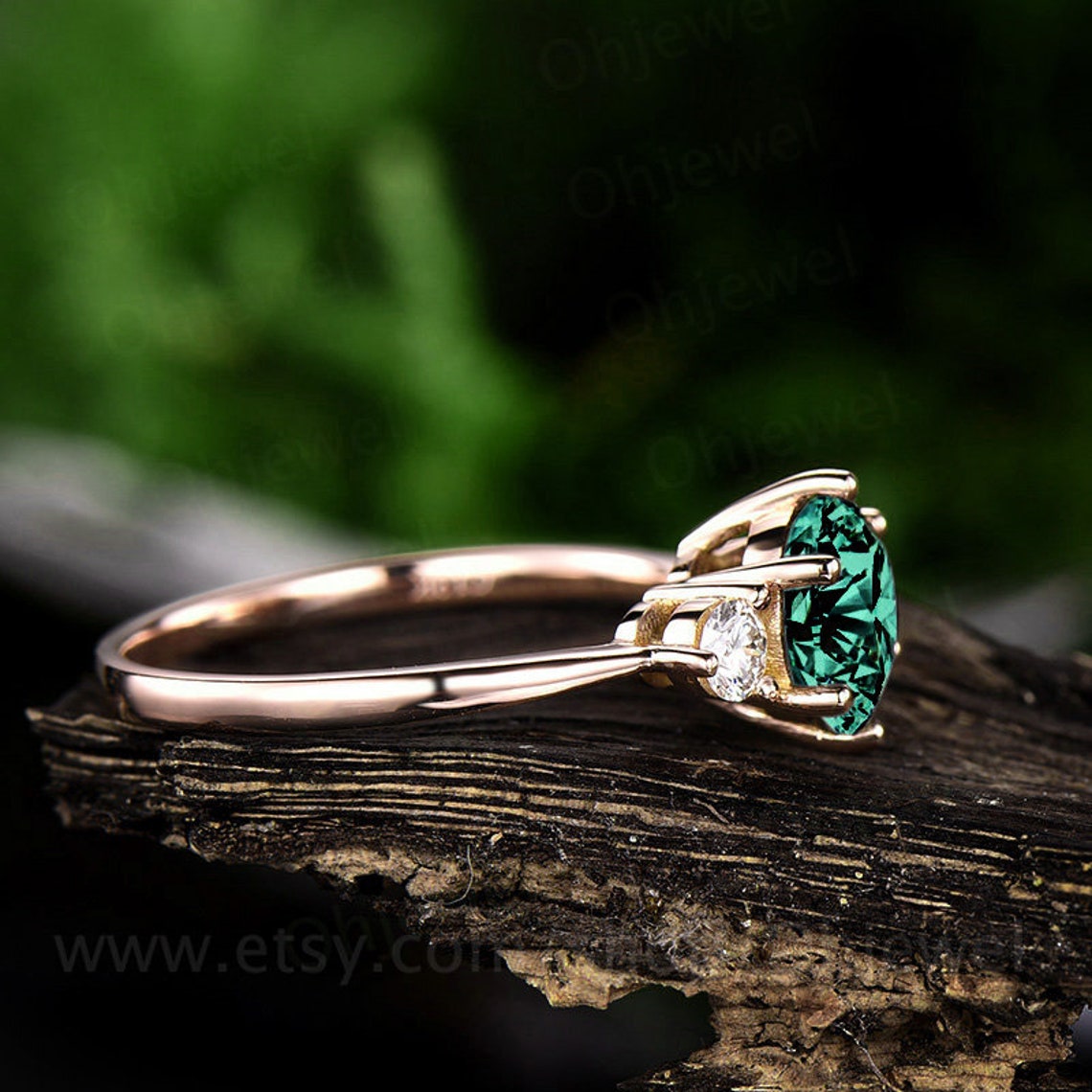 Three Stone Emerald Engagement Ring Rose Gold 14k/18k Emerald Ring Gold ...