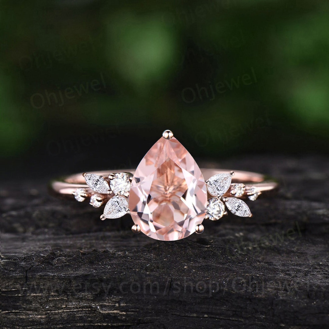 Unique Pear Shaped Morganite Engagement Ring Solid 14k Rose Gold ...