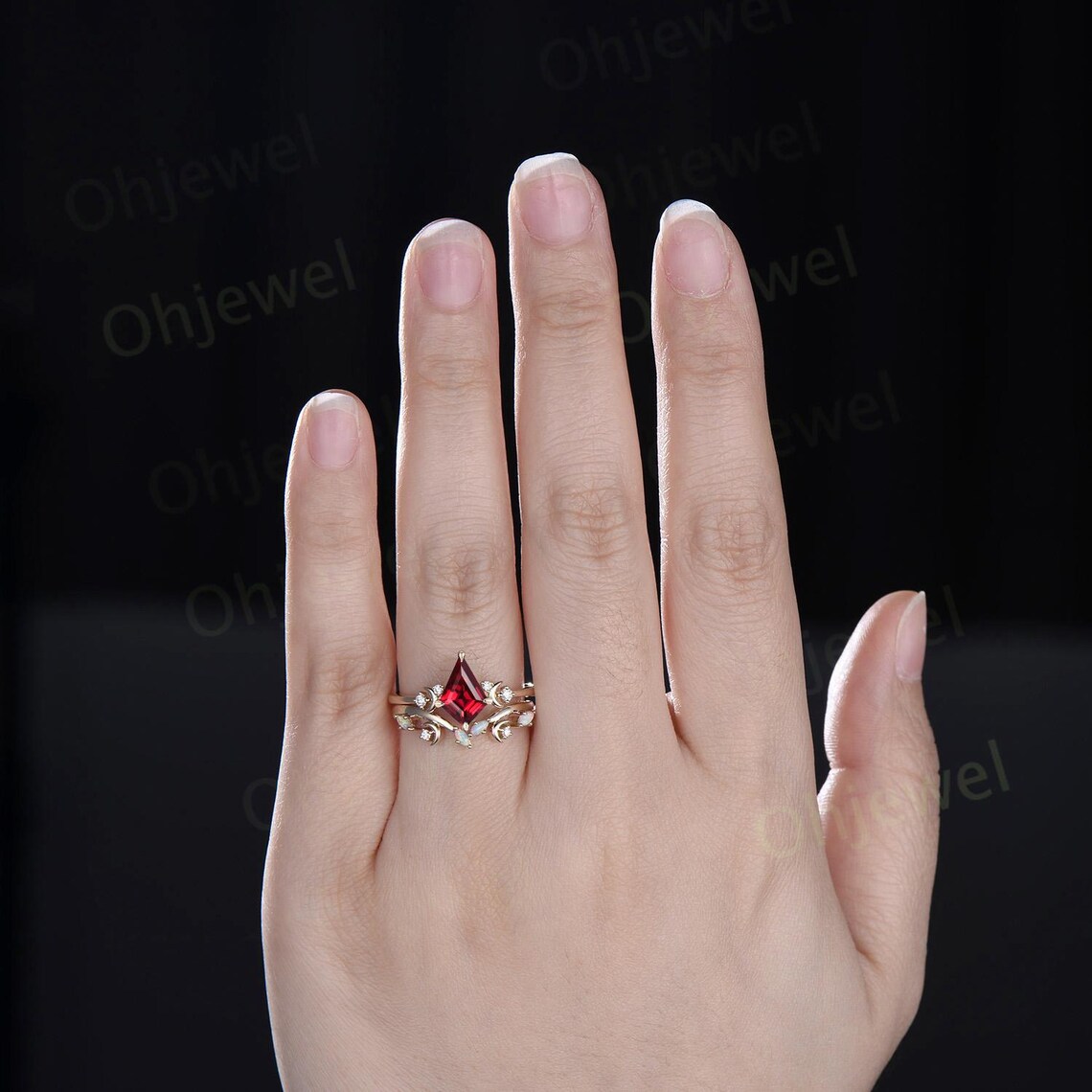 Kite Cut Red Ruby Engagement Ring Set Vintage Moon Opal Wedding Ring ...