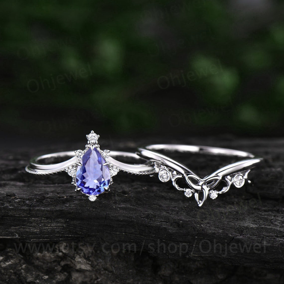 Pear Shaped Tanzanite Engagement Ring Set 18k White Gold Milgrain ...