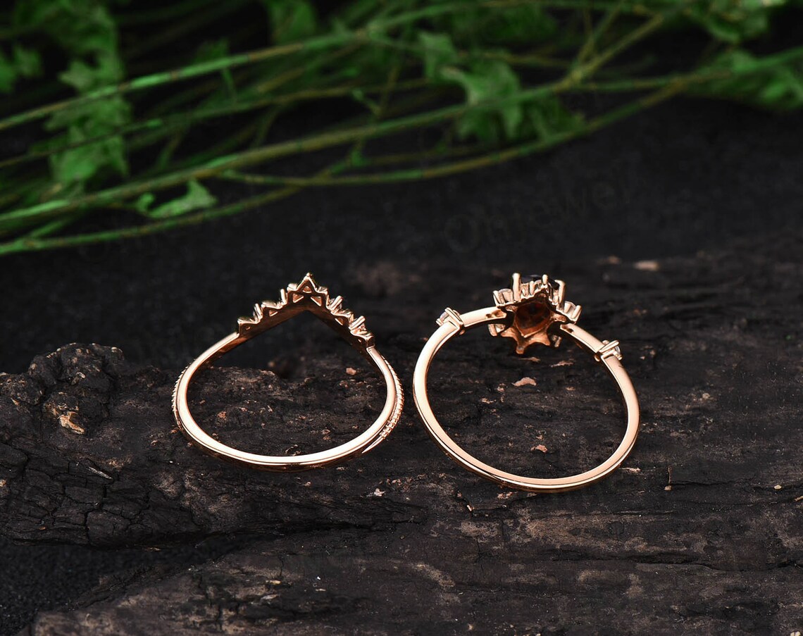 Rose Gold Ring Set Unique Vintage Engagement Ring 2pcs Pear | Etsy